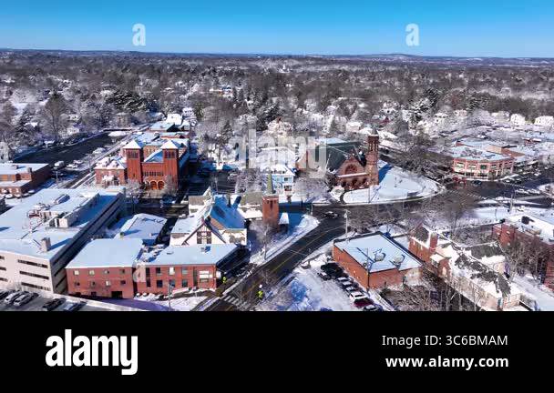Newton Centre historic village aerial view in winter on top of Centre ...