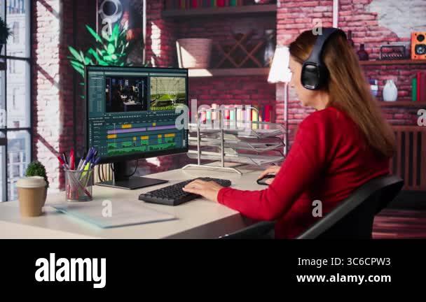 Video creator woman editing a music video on dual monitors in loft ...