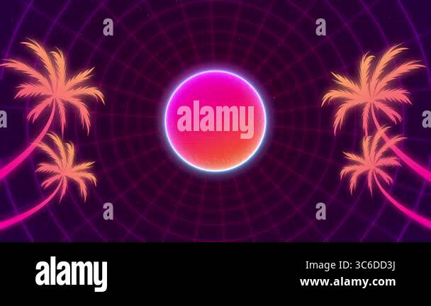 Retro abstract looping background with a grid pattern and trees Stock ...