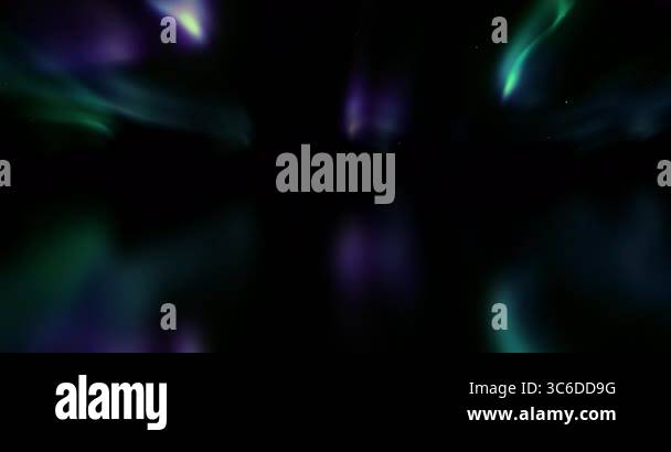 Beautiful colorful abstract aurora northern lights borealis with visible stars on shiny floor 4k ...