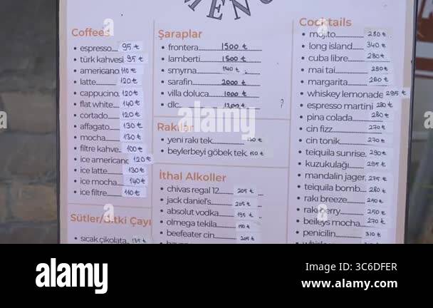 A restaurant menu displayed in Antalya Old Town, Turkey, featuring ...