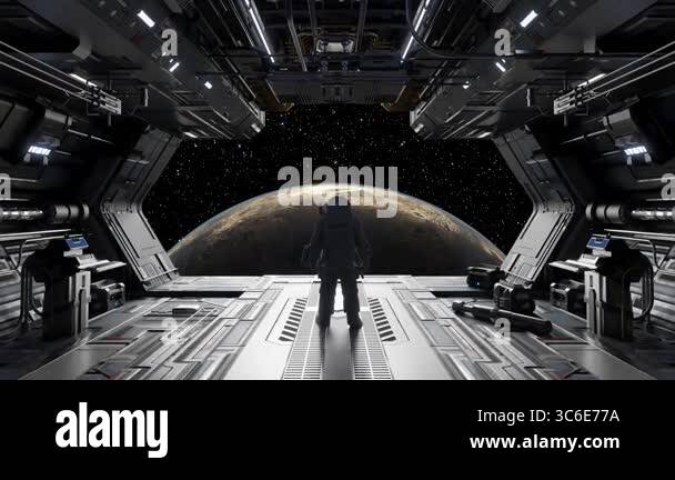 3D animation render of anonymous astronaut standing in futuristic ...