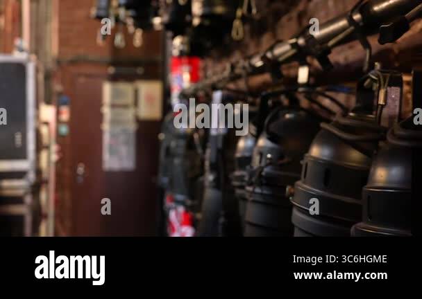 Backstage storage area with professional stage lighting and audio ...