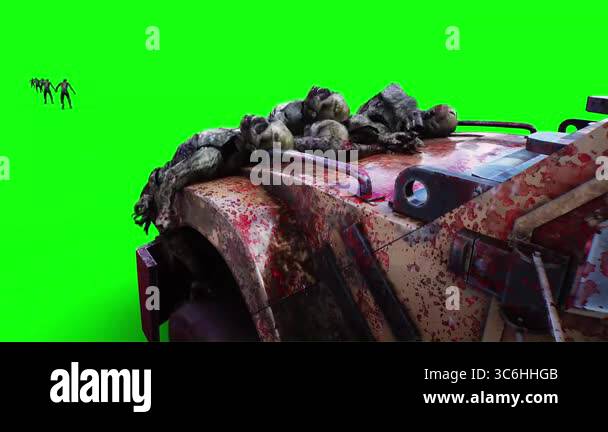 zombie car drives and hits zombies. Apocalyptic concept. Green screen ...