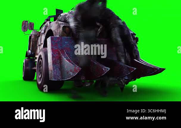 zombie car drives and hits zombies. Apocalyptic concept. Green screen ...