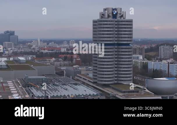 Aerial view of BMW headquarters in Munich, Germany, showing the four ...