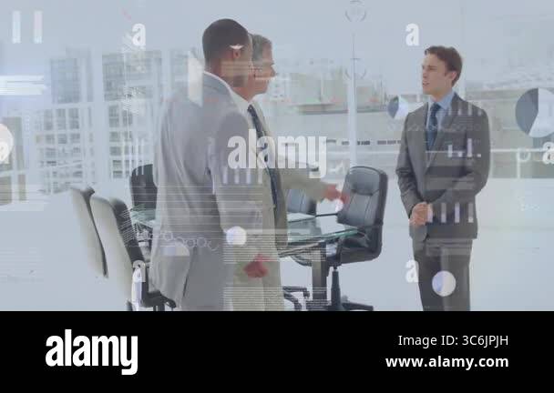 Shaking hands, business professionals with data processing animation in ...