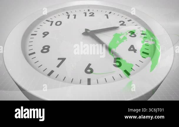 Clock face with world map animation overlay, showing 12 o'clock time ...