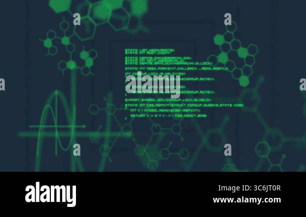 Green hexagonal patterns and code animation over dark geometric background. Technology, digital ...