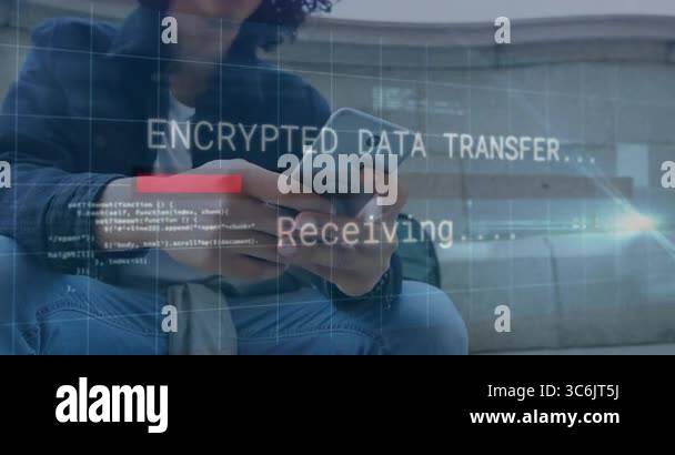 Person outdoors using smartphone with animated encrypted data transfer ...