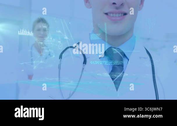 In medical office, doctor smiling with digital data animation overlay ...