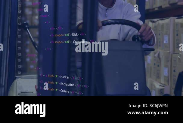 Man operating forklift in warehouse with HTML code overlay animation ...