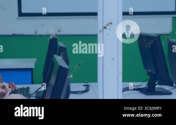 Diverse students using computers with digital network connections ...