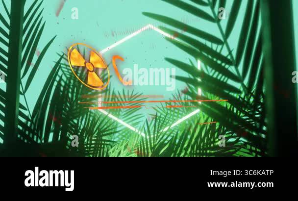 Radiation warning sign with animation over tropical leaves and green ...