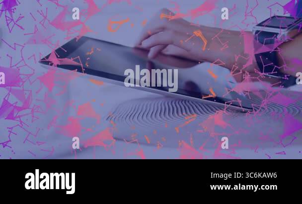 Interacting with tablet, hands engaging with colorful abstract pattern ...