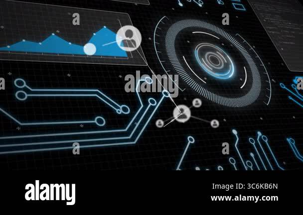 Animation of digital network with user icons and data graphs connecting ...