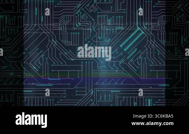 Glowing circuit board pattern with lines and nodes on dark background ...