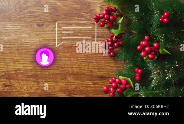 Chat icon with festive Christmas decorations, holly berries on wooden ...