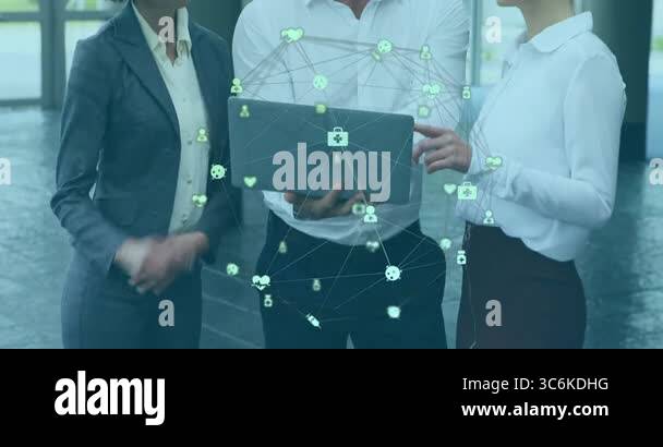 In office, business professionals discussing digital network animation ...