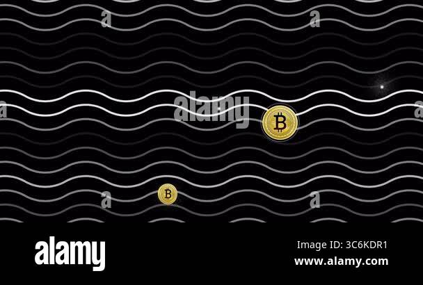 Animation of Bitcoin symbols floating over wavy black and white ...