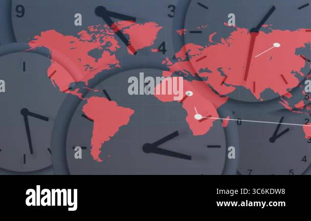 World map with clock faces showing different time zones in animation ...