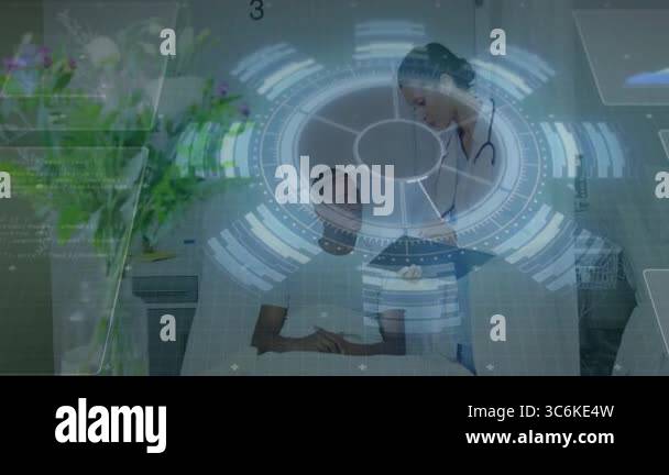 Consulting patient, doctor using digital data processing animation in ...