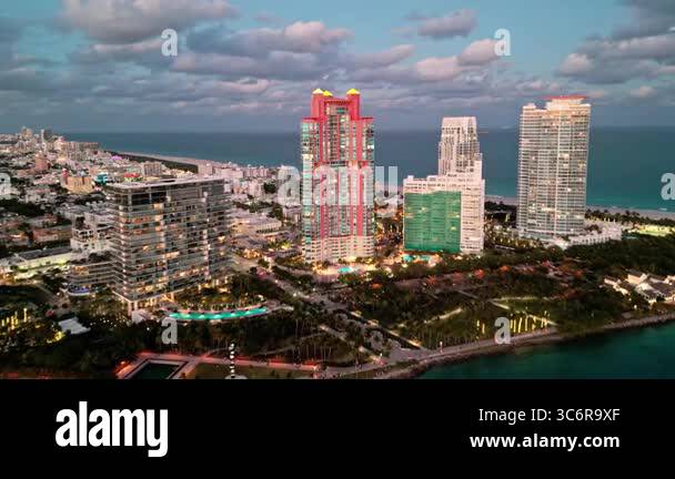 Skyscraper architecture of illuminated Miami. Miami south beach aerial ...