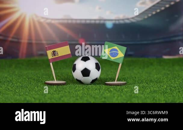 spain vs brazil football rivalry with national flags, soccer ball on ...