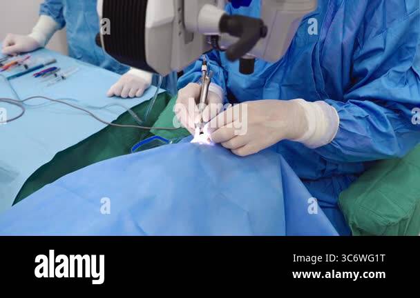 Skilled surgeon and his medical team performs precise eye surgery on an ...