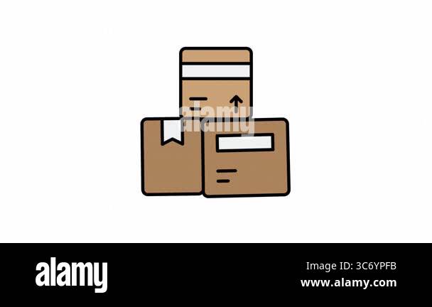 Three brown boxes animation with labels and a check mark, one stacked ...