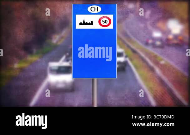 Highway and a sign with speed limit information in Switzerland Stock ...