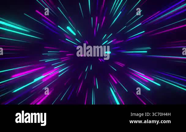 3D rendered animation of glowing blue light streaks flying through ...