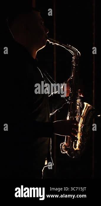 Vertical Format Video of Black silhouette of male saxophonist musician ...