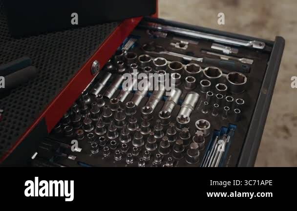 High angle no people shot of automotive toolkit in professional auto ...