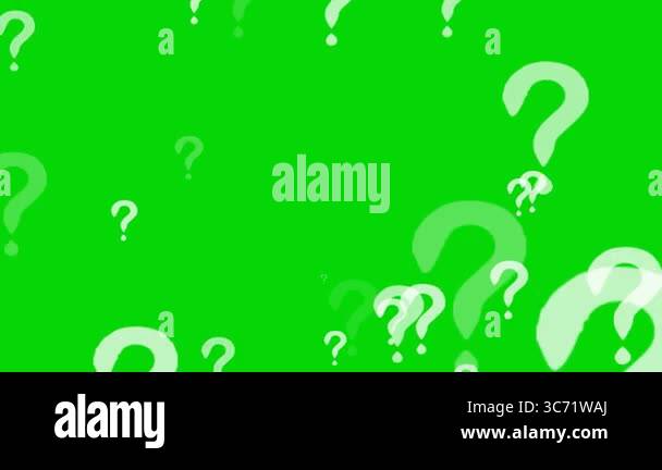 This abstract green background features floating question marks and ...