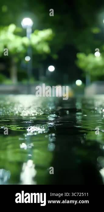 Light rainfall. Puddle with lights reflection on city sidewalk ...