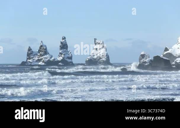 Three pinnacles of Vik, South Iceland in winter Stock Video Footage - Alamy