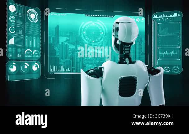 hominoid AI robot looking at hologram screen showing concept of big data analytic using ...