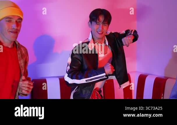 Group of multicultural street dancer perform freestyle movement while ...