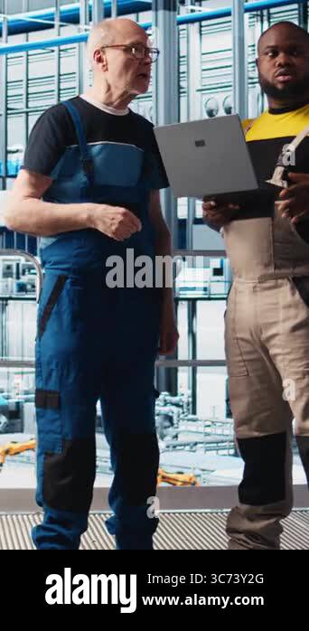 Vertical video Smart factory senior engineer teaches intern to ...