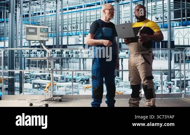 Smart factory senior engineer teaches intern to implement automated workflows, computerizing ...