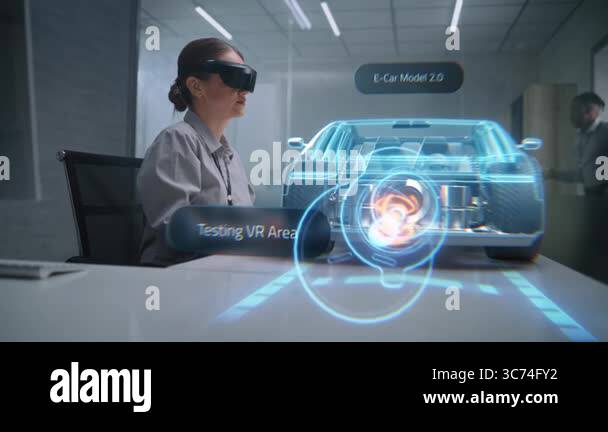 Female Automotive Engineer Wearing Headset Uses Augmented Reality ...
