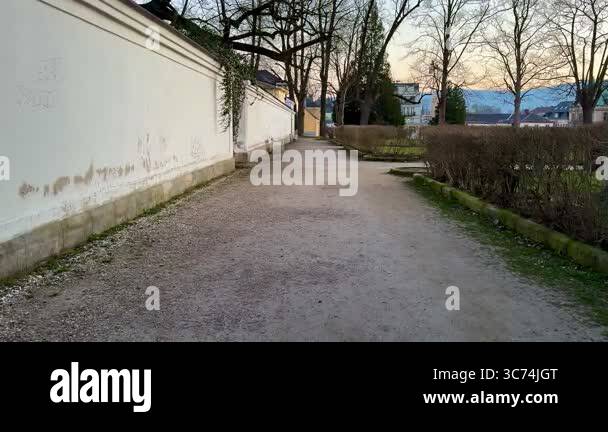 A tranquil walkway surrounded by greenery and a white wall during ...