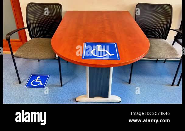 A spacious meeting table designed with accessible seating highlighted by clear wheelchair ...