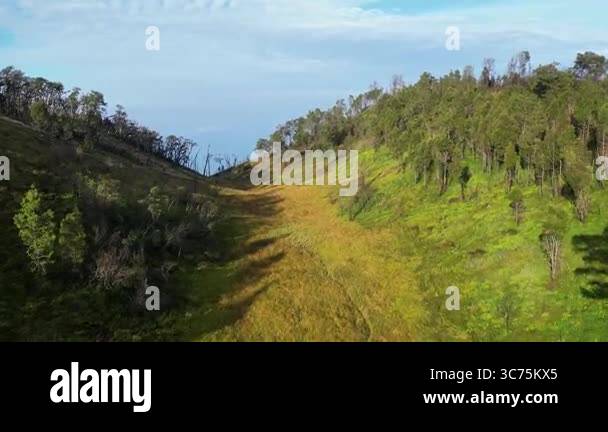 Drone flying over green valley with vast grasslands between hills ...