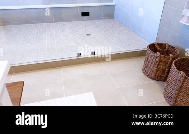 This image captures a well-designed shower area, complete with beige ...