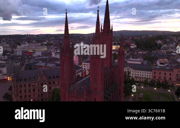 Aerial Drone Shot of Cathedral at Marktkirche in Wiesbaden, Germany ...