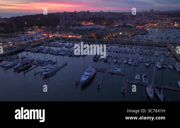 Cascais in the Night after sunset, Blue Hour, Twilights. Aerial view ...