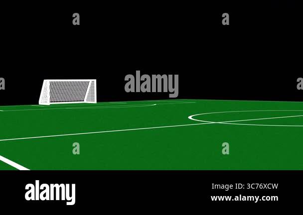 Wide-angle view of an empty green soccer field with a white goalpost ...