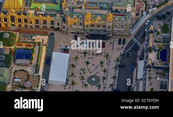 Aerial view of the city center of Monaco. Establishing shot showcases ...